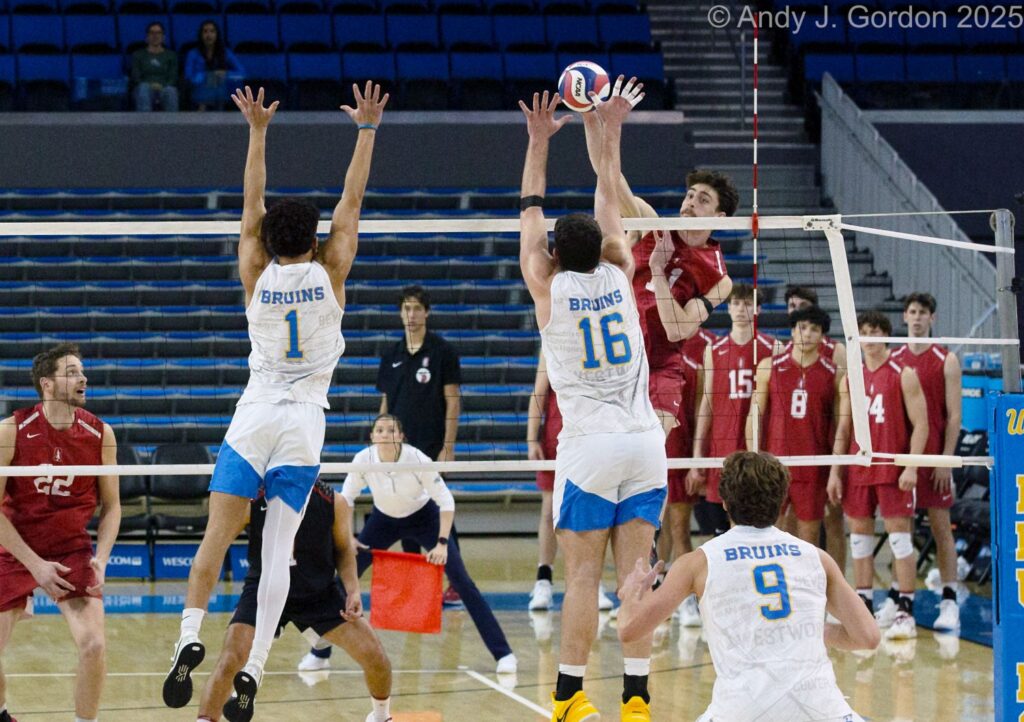 Moses Wagner hitting for Stanford vs the UCLA block by Cameron Thorne ...